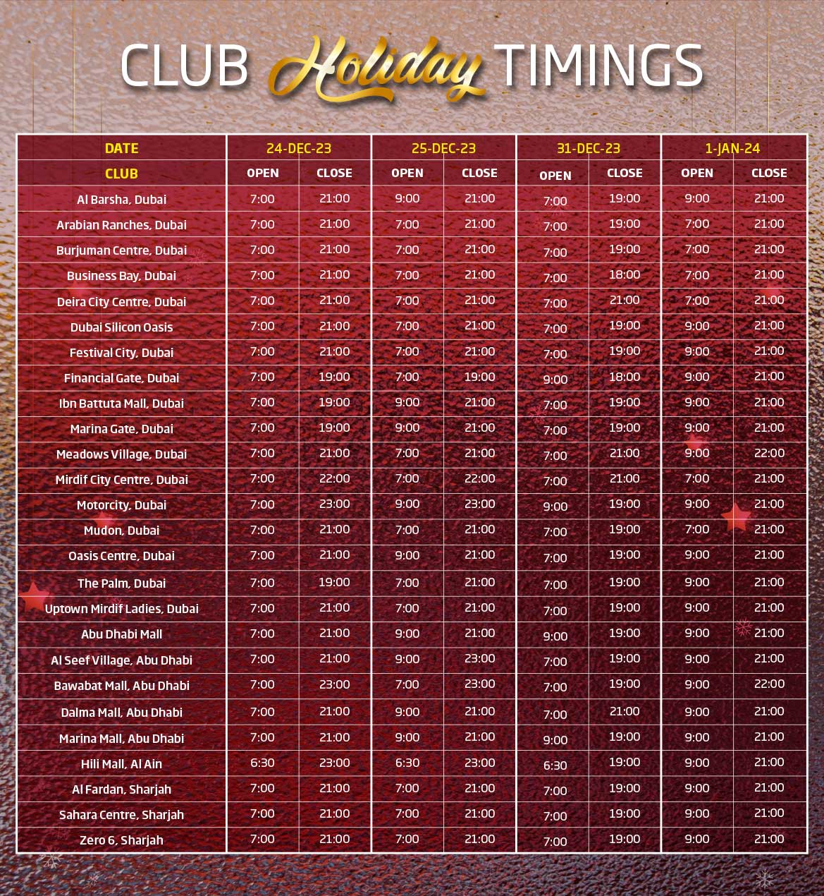 Club Holiday Timings | Fitness First